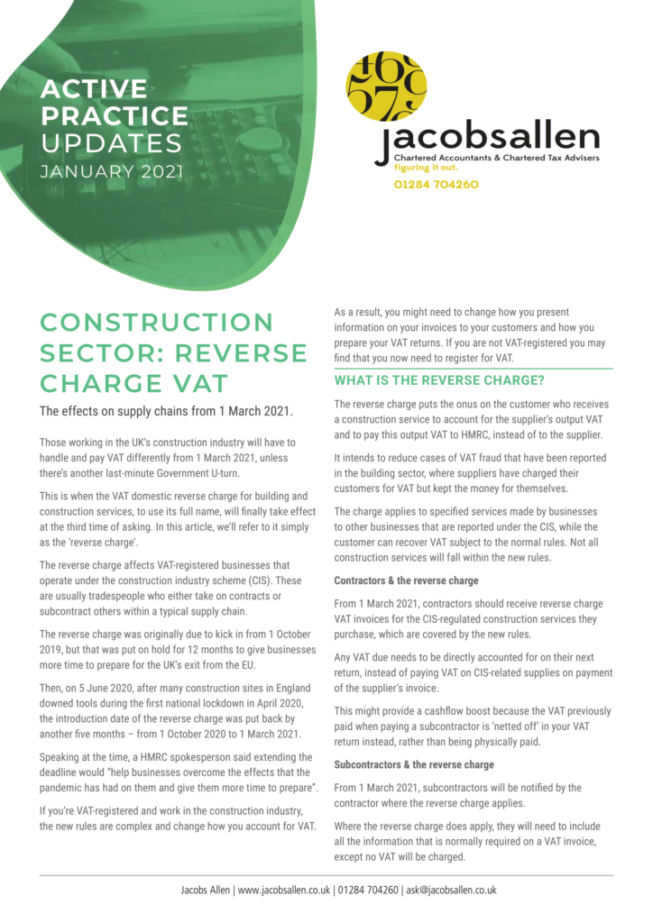 Construction Sector: Reverse charge VAT | Jacobs Allen
